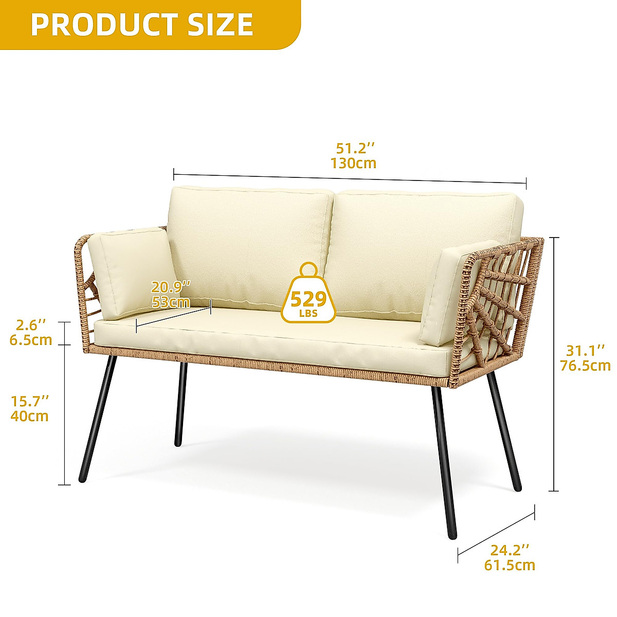 DWVO Patio Loveseat, All-Weather Wicker Rattan Patio Sofa for Balcony, Backyard, Pool, Porch, Deck, Outdoor Sectional Furniture with Cushions (Beige)