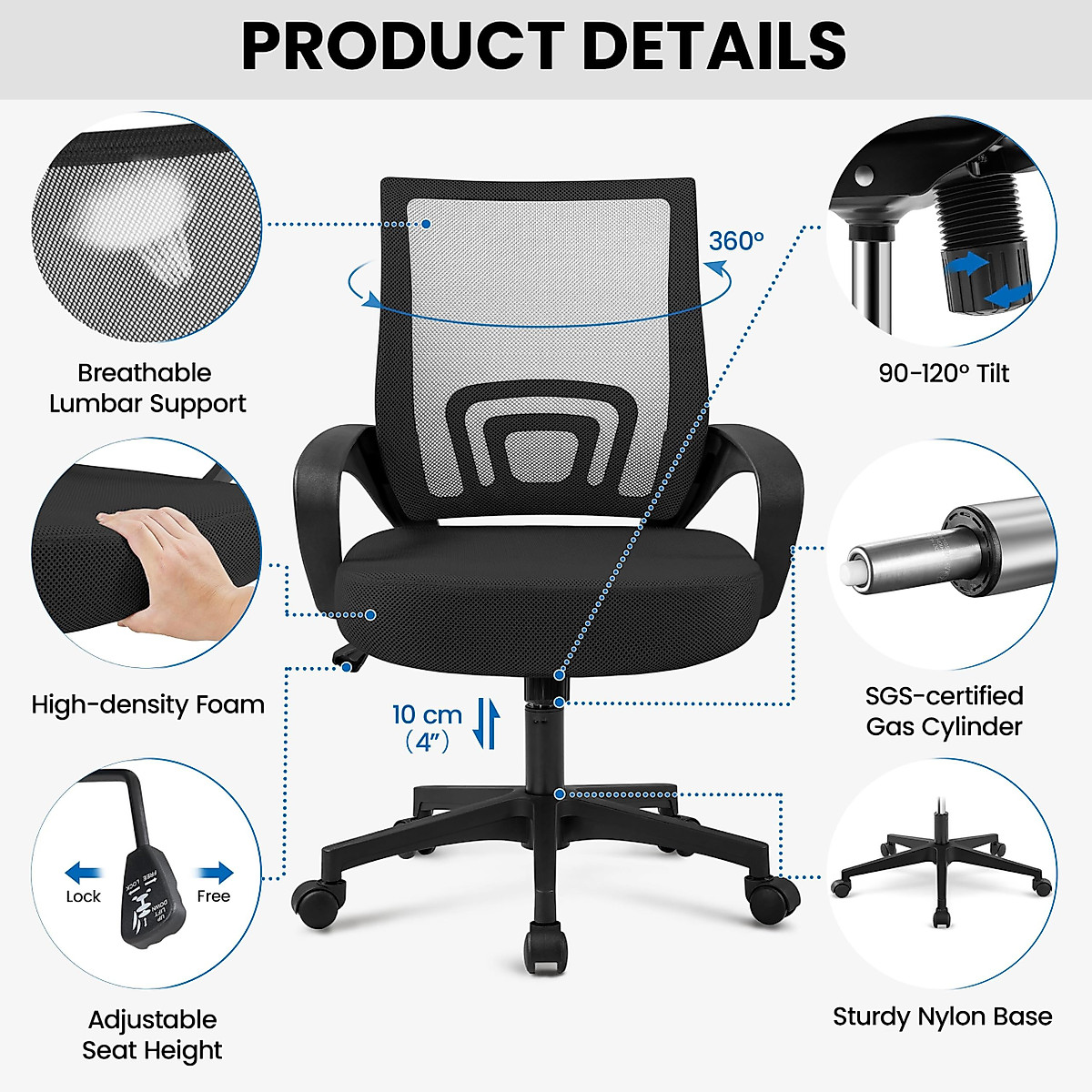 Topeakmart Executive Desk Chair Ergonomic Office Chair Swivel Mesh Back Task Computer Chair with Adjustable Height Armrest for Home Office Conference and Study Room, Black