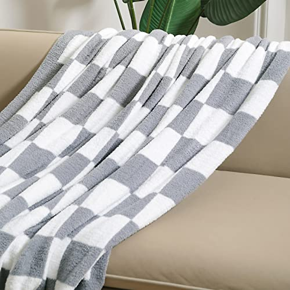 Sunyrisy Throw Blankets Checkered Reversible Plush Fleece Blanket, Super Soft Warm Cozy Throw Blanket for Couch, Decor, Bed, Chair, Knitted Fluffy Blanket, Light Grey 51''x67''