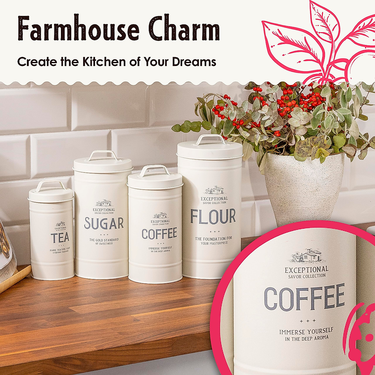 noonberry Canisters for Kitchen Counter, Set of 4 - Airtight Coffee Tea Flour Sugar Canisters Sets for the Kitchen Countertop, Rustic Farmhouse Canister Set