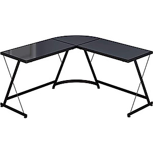 SHW Gaming Desk Computer L-Shape Corner Studio Table, Black, Glass Top