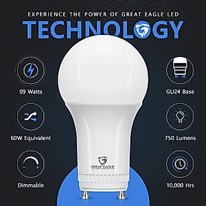 Great Eagle GU24 Led Bulb - A19 Shape, 9W (60W Equivalent), Dimmable, 5000K Daylight, UL Listed, Twist-in Light Bulb, 2 Prong Light Bulbs (4-Pack)