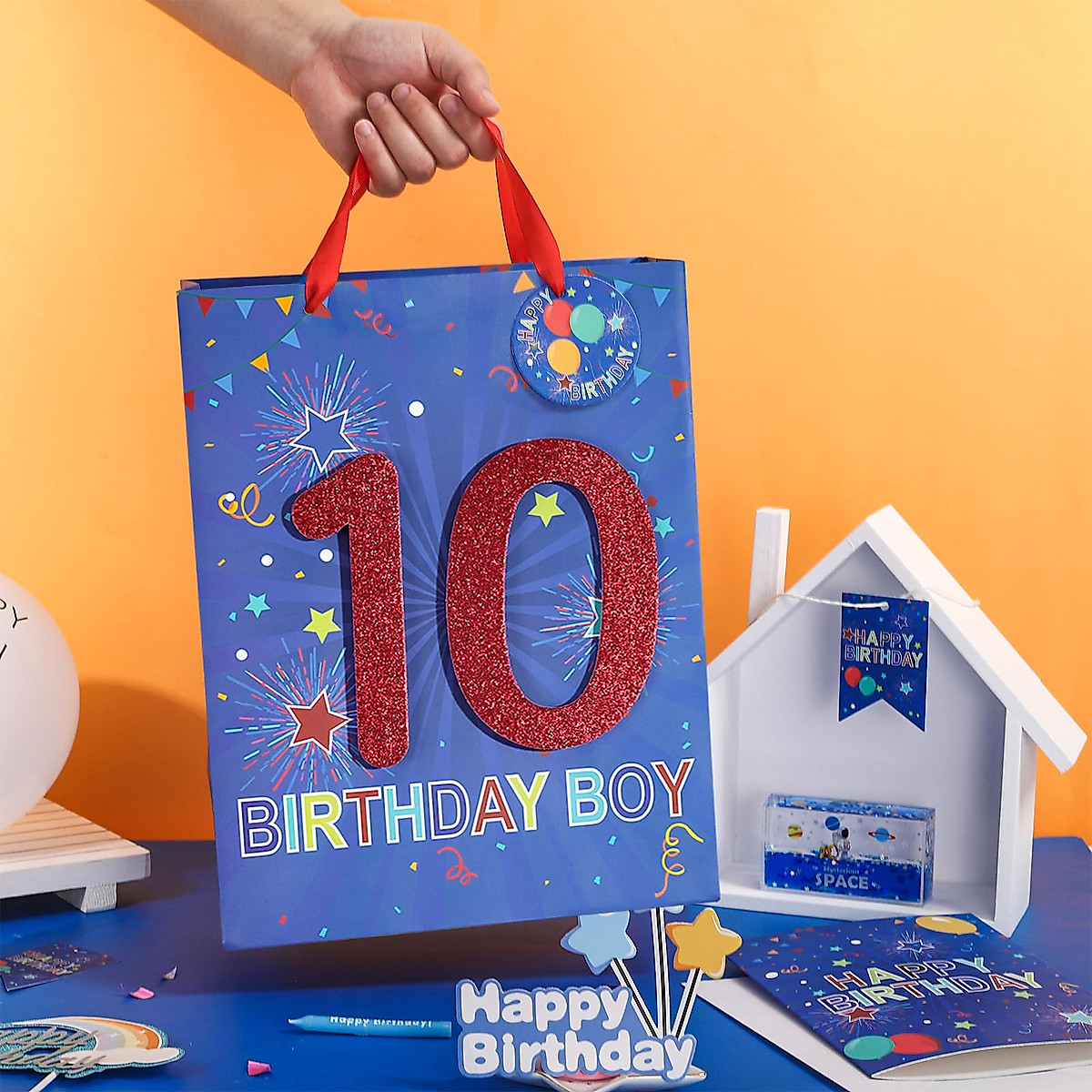 Loveinside Birthday Blue Gift Bag with Tissue Paper, Gift Tag and Greeting Card for 10th Boy Birthday, Party, Baby Shower and More - 10" x 5" x 13", 1 Pcs - 10th Birthday