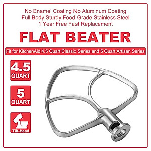 Stainless Steel Flat Beater for KitchenAid 4.5qt-5qt Tilt-Head Stand Mixer, Fit for Classic, Classic Plus and Artisan Mixer K45SS, KSM75, KSM90, KSM110, KSM125, KSM150 Heavy Duty and Dishwasher Safe