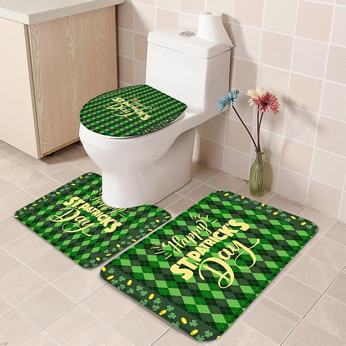 Bath Rugs for Bathroom Set 3 Piece St. Patrick's Day Green Diamond Plaid Lucky Shamrocks Clovers Non-Slip Washable Memory Foam Absorbent Bath Mat Rugs,U-Shaped Toilet Floor Mats,Toilet Lid Cover