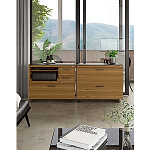 BDI Furniture Sequel 20 6116-35'' Locking Lateral 2-Drawer File Cabinet for Home or Office with Letter or Legal-Sized File Drawer, Satin-Etched Tempered Glass Top, Natural Walnut