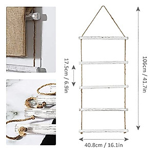 Towel Rack for Bathroom- 3.3-Foot Wall Hanging Whitewashed Wood & Rope Blanket Ladder with 5 Rungs for Farmhouse Room Decor (Whitewashed)