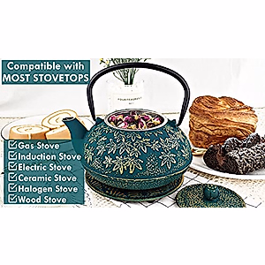 Japanese Cast Iron Teapot Large Capacity 40Oz with Trivet and Loose Leaf Tea Infuser, Cast Iron Tea Kettle Stovetop Safe. Tetsubin Coated with Enamel Interior.