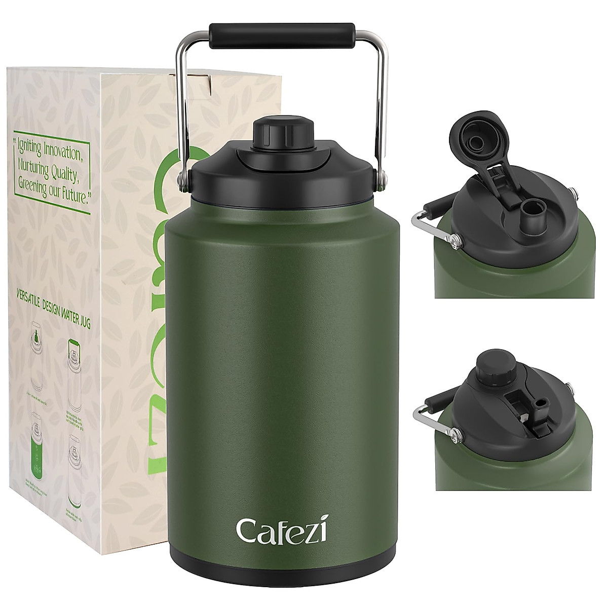 Cafezi 1 Gallon Water Jug Insulated, 2-in-1 Lid, Flip Straw and Spout, Vacuum Insulated Stainless Steel Gallon Water Bottle for Cold & Hot Drinks, Leak Proof, Great for Workouts, Yoga, Fishing, Hiking