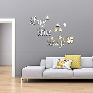 Love Live Laugh Wall Stickers Decals Silver Heart Mirror Wall Decor for Bedroom Living Room DIY Decoration
