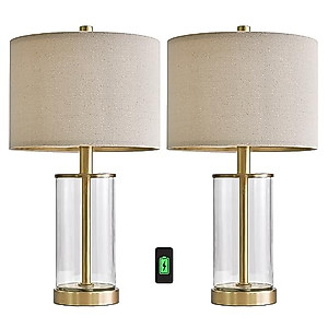 USumkky 20'' Glass Table Lamps Set of 2 for Bedroom Living Room,Gold Glass Bedside Lamps for Nightstands with USB Ports and AC Outlets(Bulbs not Included)