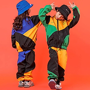 LOLANTA Kids Color Block Jacket Track Pants Sets Dance Outfits Sportswear Unisex (8-10 Green)