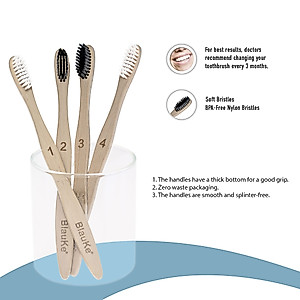 BlauKe Bamboo Toothbrushes Soft Bristles 4-Pack – Biodegradable, Sustainable, Natural, Eco-Friendly – Black Charcoal Wooden Toothbrushes