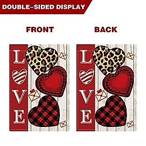 YOVOYOA Happy Valentines Day Garden Flag, 12.5 x 18" Vertical Double Sided Heart Anniversary Wedding Burlap Flag, Rustic Love Leopard Print Buffalo Check Plaid Flag for Yard Patio Farmhouse Decor