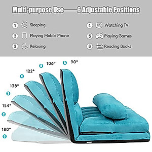 DORTALA Foldable Floor Sofa, 6-Position Adjustable Lounge Couch with 2 Pillows & Suede Cloth Cover, Modern Lounge Mattress Video Gaming Lazy Couch, Suede Floor Seating Sofa, 71" x 44.5", Blue