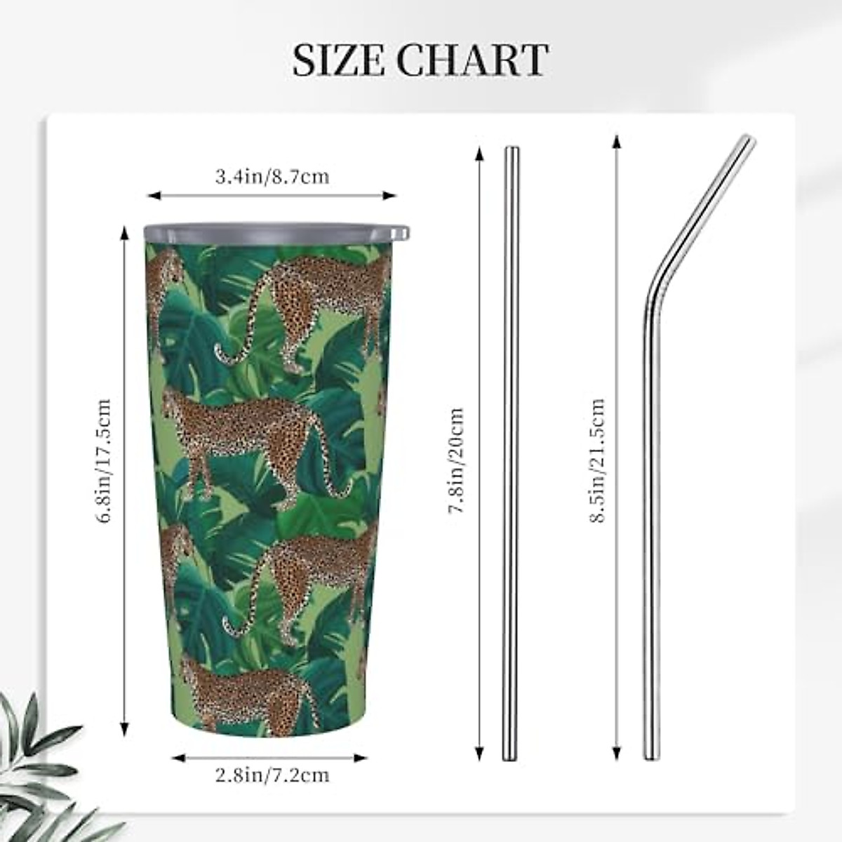 20oz Tumbler Leopard Palm Tree Leaves Double Wall Vacuum Insulated Coffee Mug with Lid and Metal Straw Brush Reusable Stainless Steel Water Bottle Travel Cup Gifts for Car Ice Drinks Hot Beverage