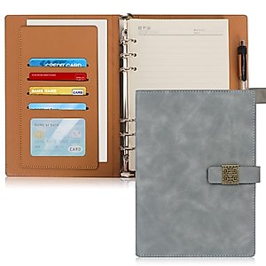 Songaa Leather A5 Ring Binder Notebook, 6 Ring A5 Notebook Binder with Pockets and A5 Refill Papers, Travel Binder Journal with Ring Binder, Refillable Journal Writing Notebook Grey