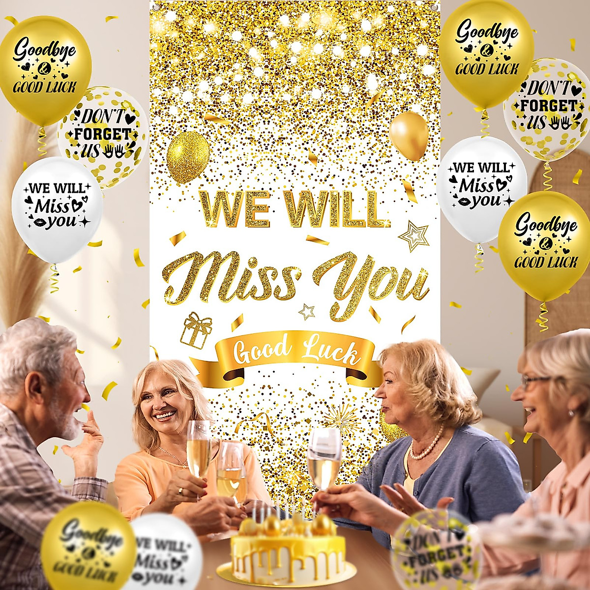Farewell Party Decorations White Gold We Will Miss You Door Cover Banner and 18Pcs Good Luck Goodbye Balloons for Going Away Retirement Graduation Farewell Anniversary Leaving Party Supplies