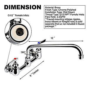 COOLWEST 8” Center Wall Mount Commercial Kitchen Sink Faucet with 12 Inch Swivel Swing Spout, 2 Handles Backsplash Mounted Sink Faucets Chrome Finish
