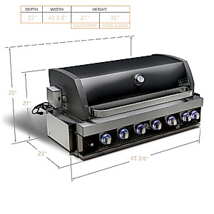Mont Alpi Black Stainless Steel MABi805-BSS 44-Inch 6-Burner 87000 BTU Liquid Propane/Natural Gas Built-In Outdoor Kitchen Gas Grill Infrared Rear Burner + Rotisserie Kit & Weather Cover