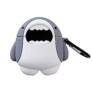BONICI Protective Case for Huawei Freebuds 3, Creative Funny Cute Big Mouth Jumping Grey Shark Baby Soft TPU Silicone Rubber Earbud Earphone Rechargeable Cover Case Strong Protection +Hook