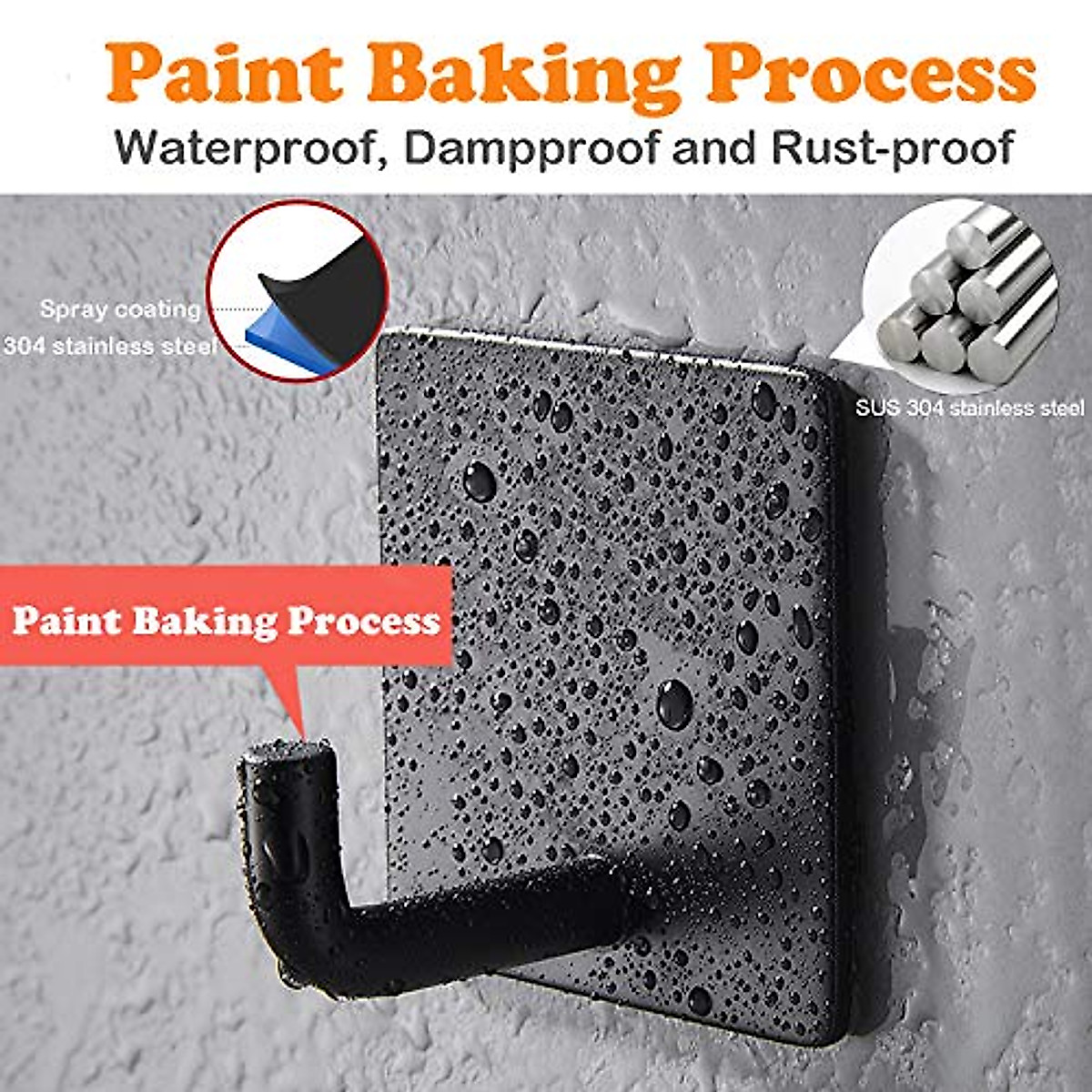 4 Pack Self Adhesive Hooks, Veriya Stainless Steel Adhesive Hook Heavy Duty Sticky Hanger Waterproof Rustproof Hanging Holder Stick on Wall, Door, Bathroom, Kitchen, Office (Black)