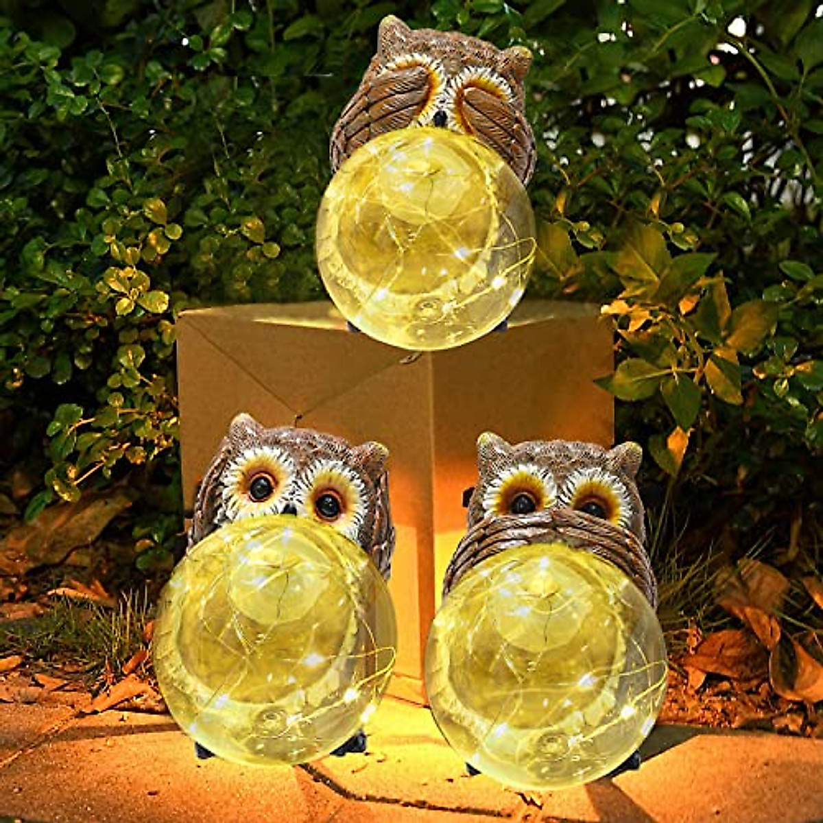 ANGMLN Owl Solar Lights Garden Outdoor, 3 Pack Solar Figurines Lights Decor Growing Orb Waterproof Cute Garden Statues for Patio Yard Lawn Clearance Ornaments