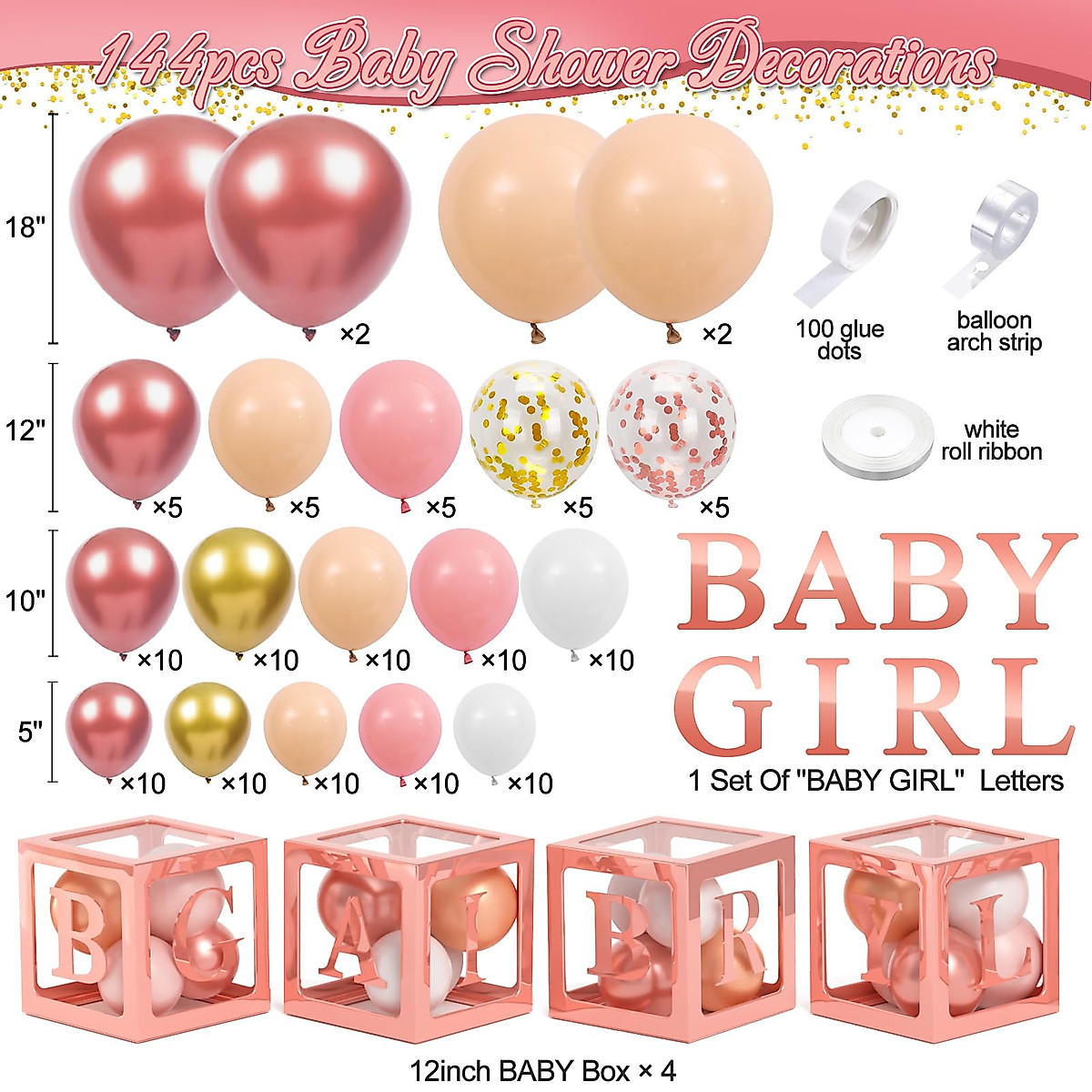 144Pcs Rose Gold Balloons Baby Shower Decorations for Girl Baby Boxes with Letters Pink Princess Balloon Arch Kit Kids Gender Reveal Wedding Bridal Birthday Party Supplies