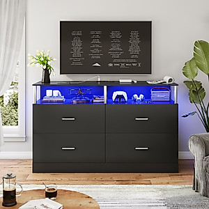 AOGLLATI Black Dresser for Bedroom with 4 Drawers,Dressers & Chests of Drawers with Column Design & Charging Station, Modern Bedroom Led Long Dresser for Bedroom Closet