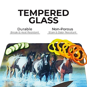 Rivers Edge Products Large 12in x 16in Decorative Tempered Glass Cutting Board, Hypoallergenic, Non Slip, Textured Surface Chopping Board for Kitchen, Cute Horse Equine Design, Rush Hour Horse