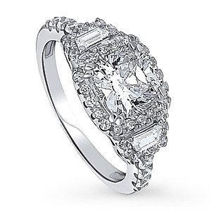 BERRICLE Sterling Silver 3-Stone Wedding Engagement Rings Cushion Cut Cubic Zirconia CZ Halo Ring for Women, Rhodium Plated Size 8
