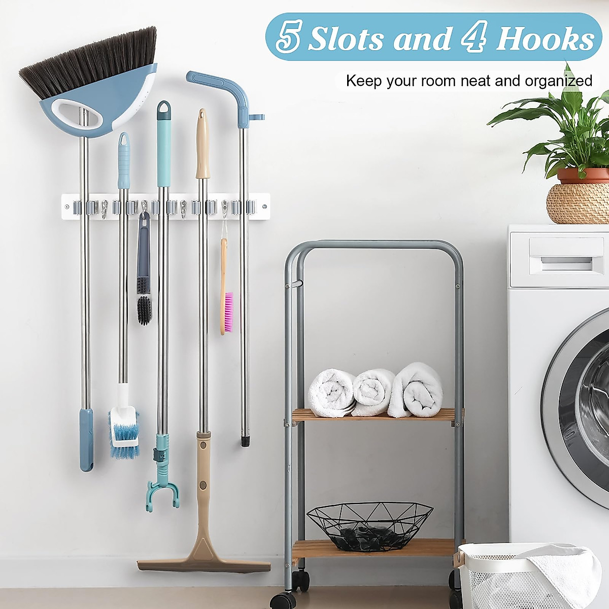 White Broom Holder Wall Mount - Heavy Duty Wood Mop and Broom Organizer with 5 Slots & 4 Hooks - Garden Tool Hanger for Laundry Room Closet Kitchen Garage Storage and Organization - Modern Home Decor