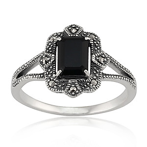 925 Sterling Silver Art Deco Black Spinel & Marcasite Ring