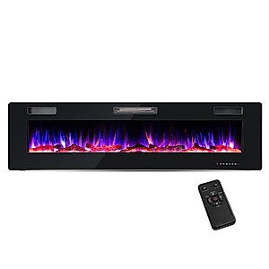 COSTWAY 68 Inches Ultra-Thin Electric Fireplace, 5100 BTU Recessed and Wall Mounted Fireplace Insert with Remote Control, Log and Decorative Crystals, Adjustable Flame Effect, ETL Certification