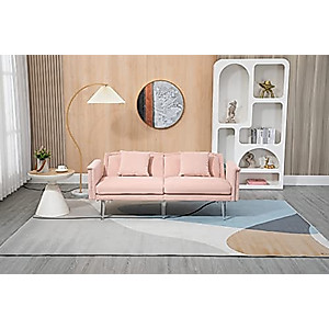 FULife 65" Mid Century Modern Velvet Upholstered Futon Sofa Split Back Loveseat Convertible Sleeper Couch Bed Daybed,Folding Recliner with Armrest&2 Pillows for Living Room/Compact Space, Pink