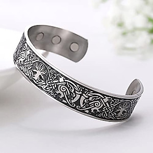 cooltime Ancient Nordic Tree of Life Odin's Raven Magnetic Bracelet Cuff (silver black)