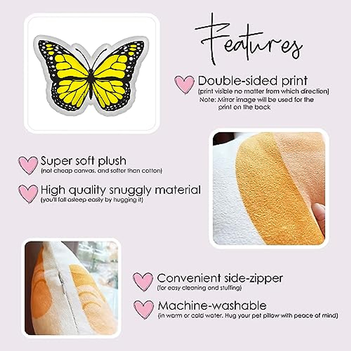 Yellow Butterfly Shaped Throw Pillow, Cushion Soft Pillows Decor for Home Decorative Seating Cushions, 12 Inch