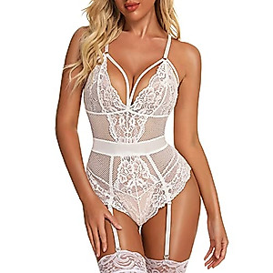 Donnalla Women Lingerie Set with Garter Belt Sexy Lace Bodysuit Fishnet One Piece Teddy (No Stockings)(White Small)