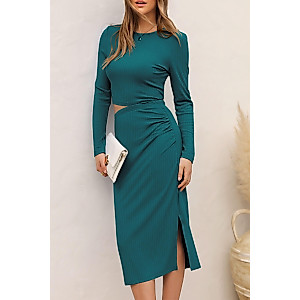 PRETTYGARDEN Womens 2024 Fall 2 Piece Outfits Track Suits Long Sleeve Crop Tops Bodycon Midi Skirt Slit Dress Matching Sets (Dark Green,Medium)