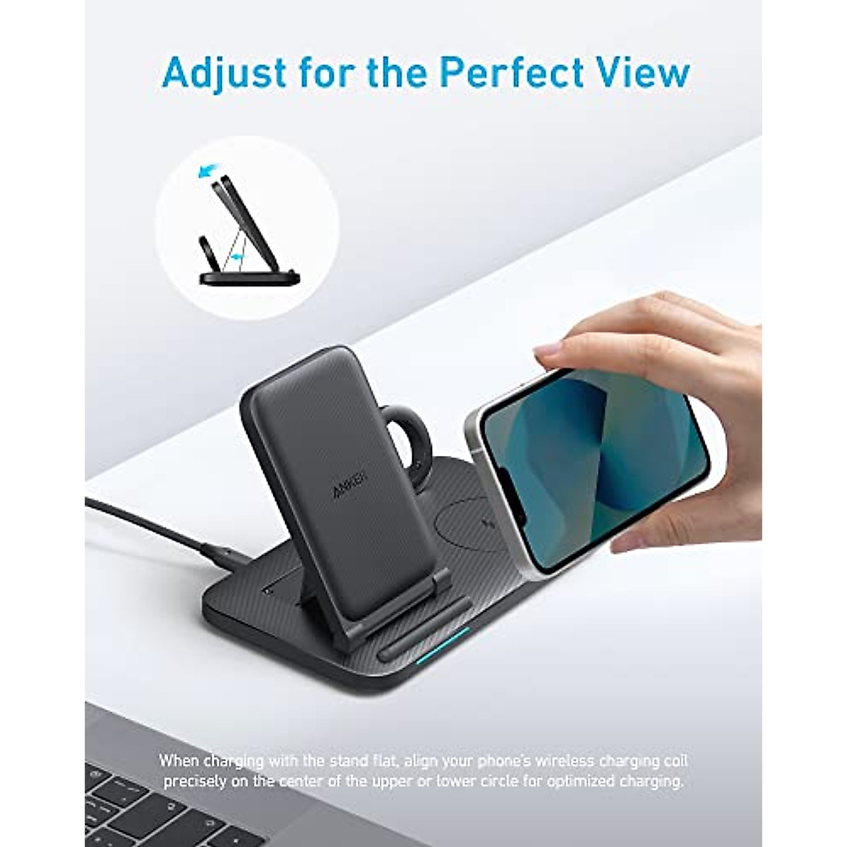 Anker Foldable 3-in-1 Wireless Charging Station with Adapter, 335 Wireless Charger, for iPhone 14 Series, AirPods Pro, Apple Watch Series 1-6 (Works with Original 1m/3.3ft USB-A Cable, Not Included)