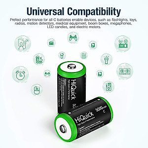 HiQuick C Rechargeable Batteries 5000mAh - 1.2V Ni-MH High Capacity C Size Batteries(Pack of 4)