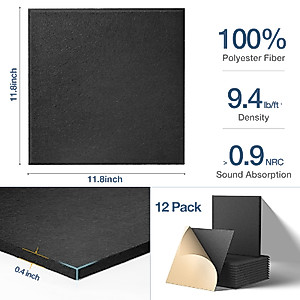 Lebenforce Self-adhesive Acoustic Panels Tiles 12 Pack, 12" X 12" X 0.4" Polyester Sound Proof Padding, High Density Soundproof Wall Panels, Sound Absorbing panel for Home & Offices (Black)