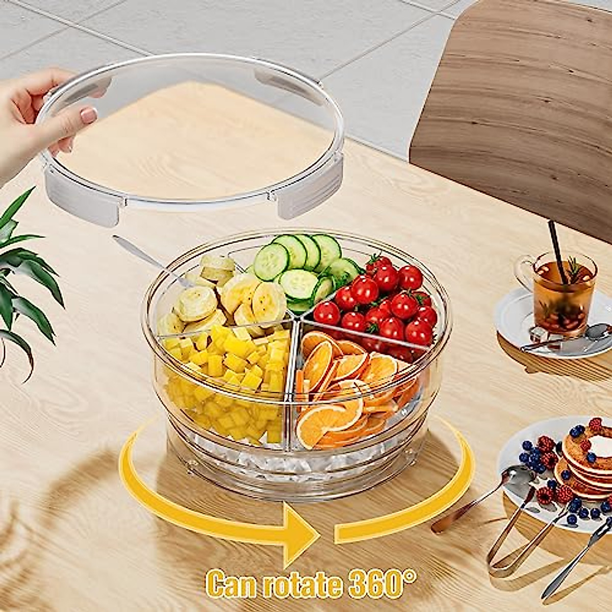 caktraie Condiment Tray [with 360° Rotating Tray Turntable] Stainless Steel 5 Spoons, 5 Forks and 1 Clip, Bar Ice Fruit Holder, Condiment Server, Compartment Tray with Lid