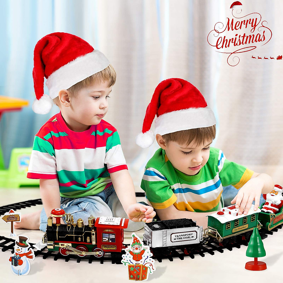 Toyvian Christmas Railway Train Set with 47.2" Railway Track & 4 Cars Lights and Sounds Railway,Battery Operated Locomotive Engine Play Set Electronic Toys Gift for Kids