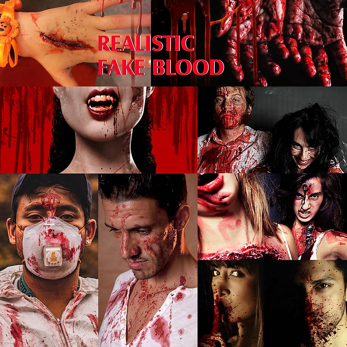 4PCS Halloween Fake Blood Makeup Kit, [Coagulated Blood + Fake Blood Spray 60ML + Dripping Blood 60ML + Black Stipple Sponge], Fake Blood Washable for Clothes Face SFX Wound, Vampire