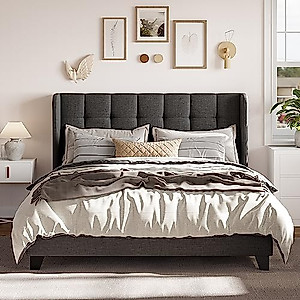 Allewie Full Size Platform Bed Frame with Wingback, Fabric Upholstered Square Stitched Headboard and Wooden Slats, Mattress Foundation, Box Spring Optional, Easy Assembly, Dark Grey
