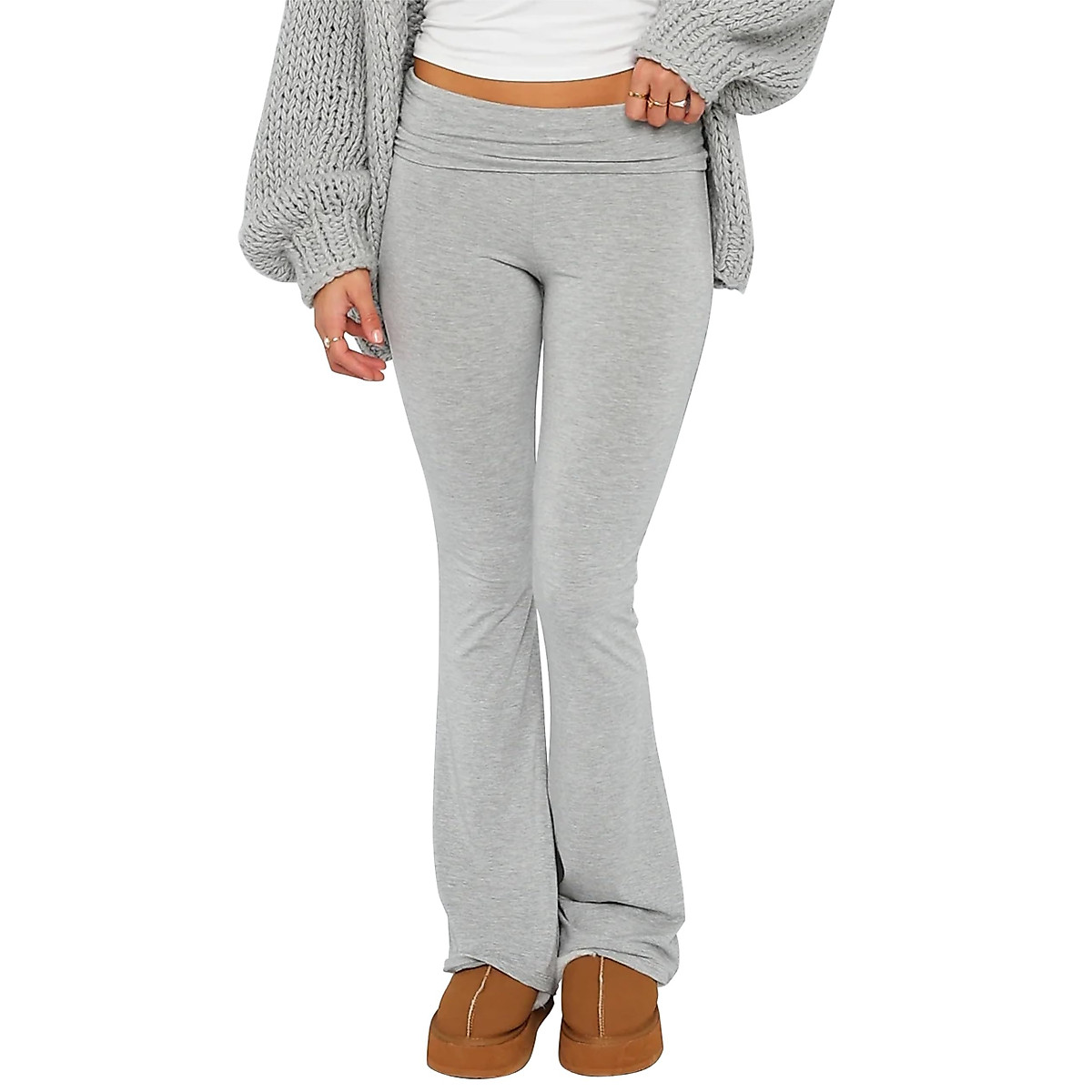 KMBANGI Women Skinny Pants Fold Over Bootcut Stretchy Yoga Flare Leggings Long Y2k Joggers Sweatpants Lounge Streetwear(Daily Light Gray,S)