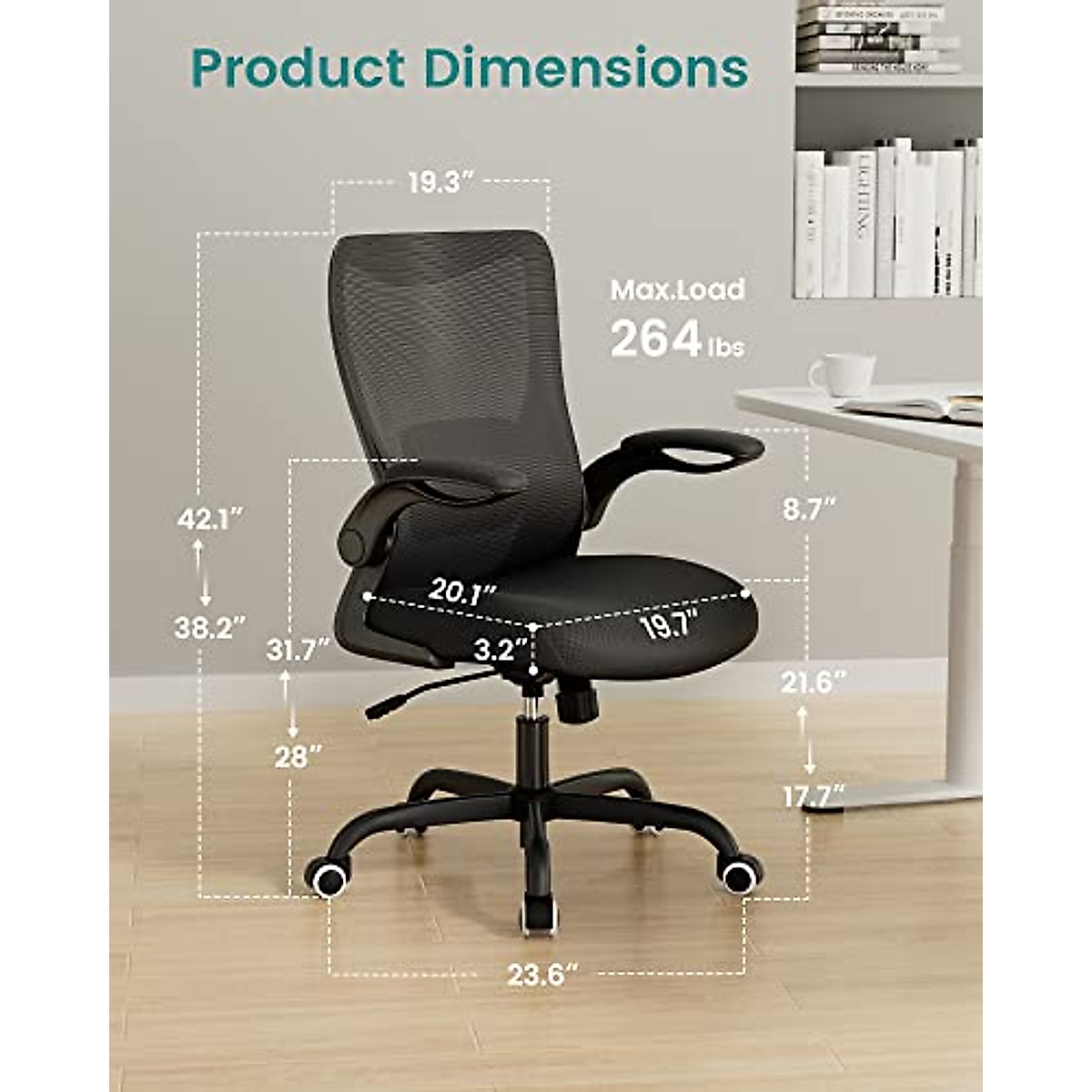 MUXX.STIL Office Chair, Desk Chair with Adjustable Lumbar Support, Ergonomic Task Chair with Breathable Mesh, Swivel Computer Chair with Flip-up Armrest, for Home Office, Black