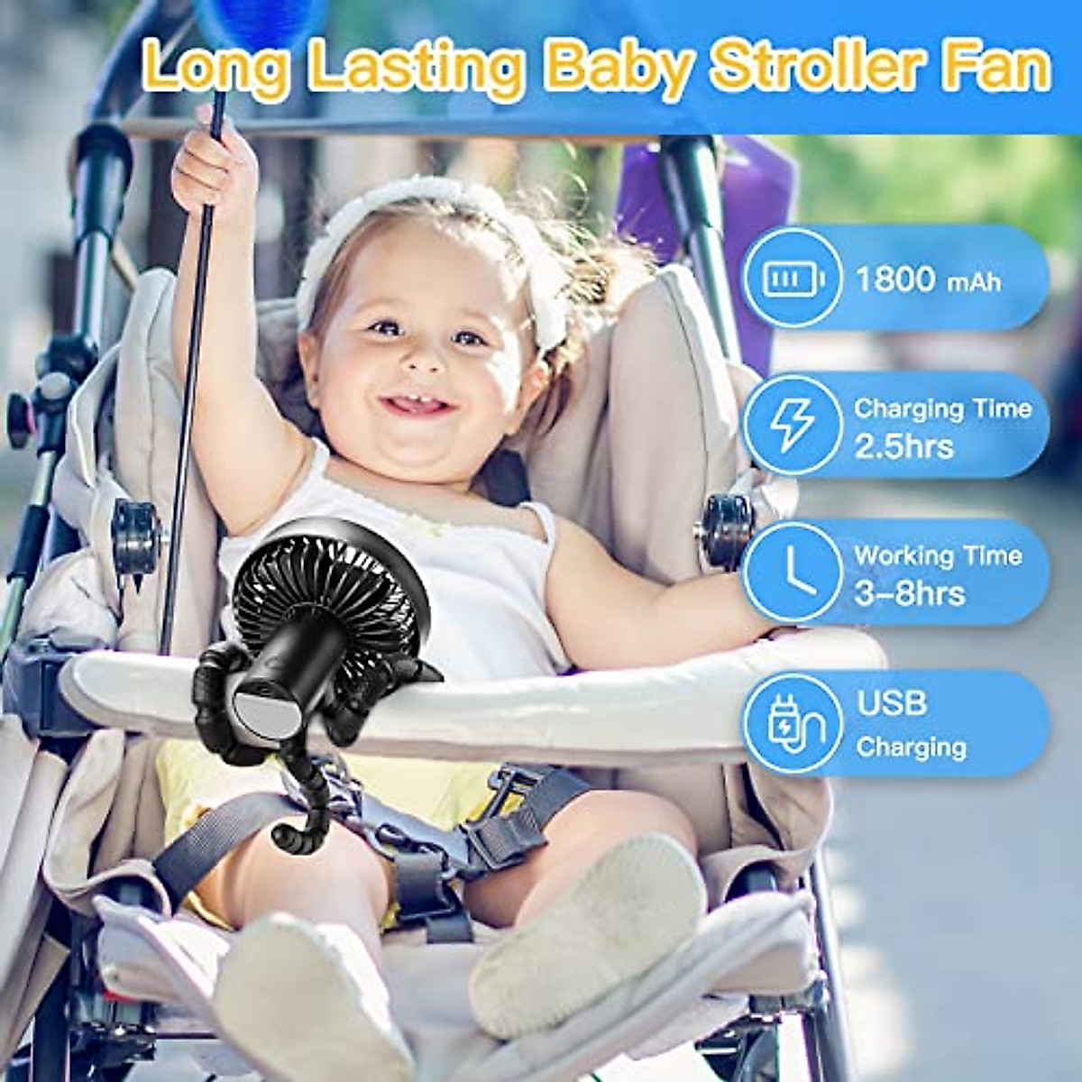 Funsland Mini Portable Stroller Fan Clip on for Baby, USB Rechargeable or Battery Operated Handheld Personal Portable Fan, Flexible Tripod Baby Stroller Fan 3 Speed Clip on Fan for Car Seat Travel