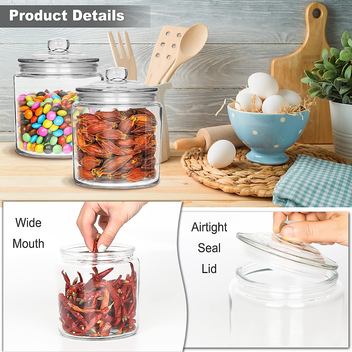 Keketin 32 oz Glass Cookie Jar,Set of 6 Glass Jars with Lids 1 Liter,Airtight Food Storage Containers Glass Apothecary Jars for Kitchen,Glass Kitchen Canisters for Sugar,Flour,Pasta,Snacks,Tea & Rice